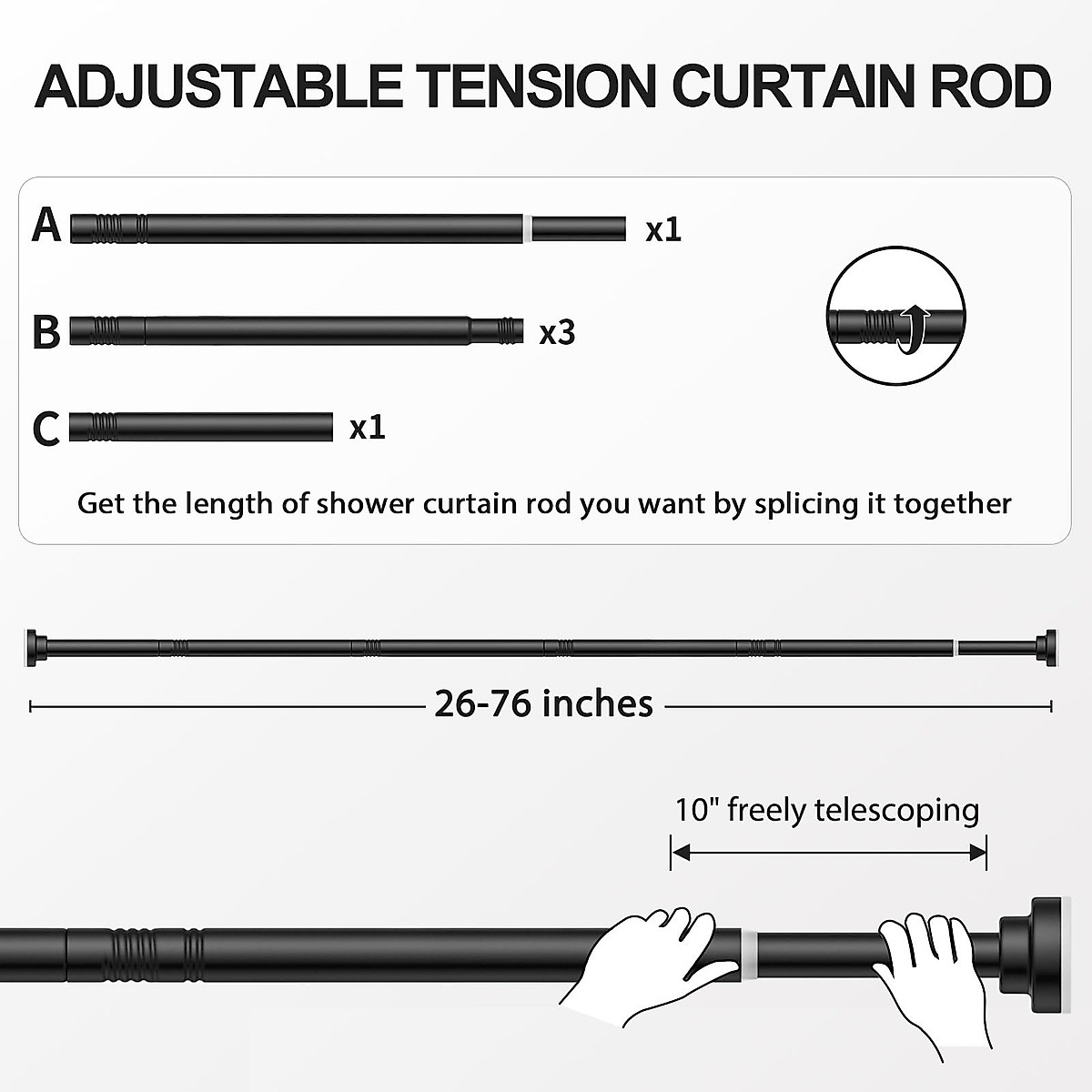 Ausemku Shower Curtain Rod Tension - 40-72 Inch Never Rust Non-Slip Spring Tension Curtain Rod No Drilling Stainless Steel Curtain Rod Use Bathroom Kitchen（Black）