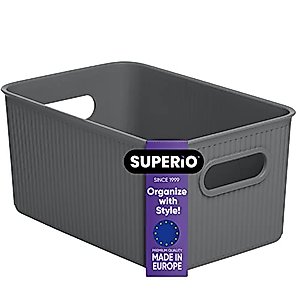 Superio Decorative Plastic Open Home Storage Bins Organizer Baskets, Medium Grey (1 Pack) Container Boxes for Organizing Closet Shelves Drawer Shelf - Ribbed Collection 5 Liter