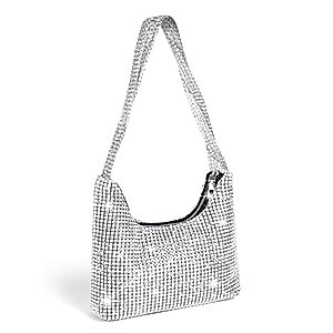 OSDUE Rhinestones Evening Bag, Full Rhinestone Bucket Bag, Glitter Evening Bag, Crystal Zipper Shoulder Bag for Wedding, Party, Club, Prom, Casual Date (Silver)