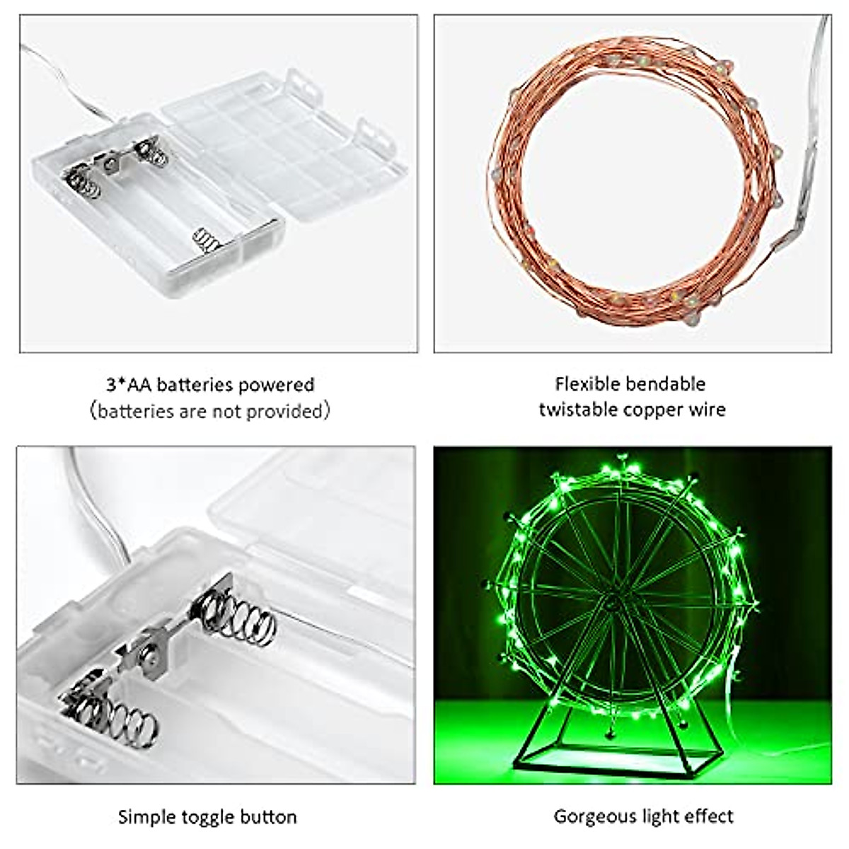 Mikasol Fairy Lights Battery Operated, 1 Pack Mini 3*AAA Battery Powered Copper Wire Led Starry String Lights Firefly Lights for Bedroom, Christmas, Parties, Decoration (5m/16ft Green)