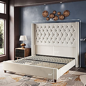 Jocisland Queen Size Upholstered Bed Frame 61.4" High Headborad Velvet Tufted Handmade Pleat Deep Button/Cream