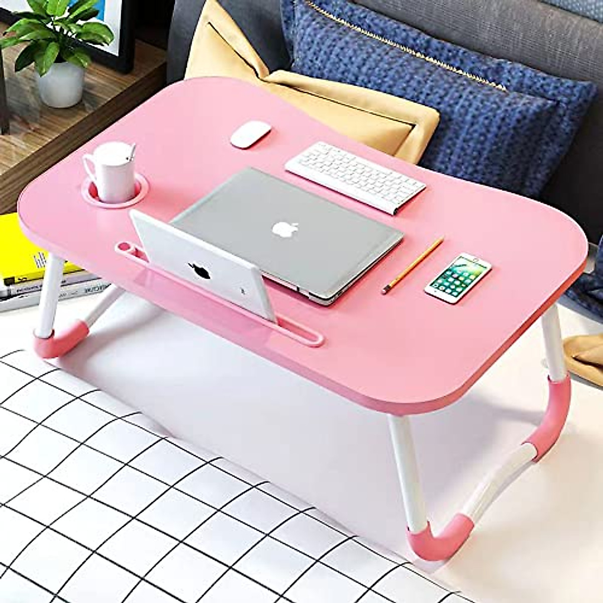 Laptop Desk Foldable Bed Table, Portable Lap Desk Laptop Bed Tray Table with Storage Drawer and Cup Holder, Lap Tray Table Notebook Stand Reading Desk Breakfast Tray for Bed Couch Sofa Floor – Pink