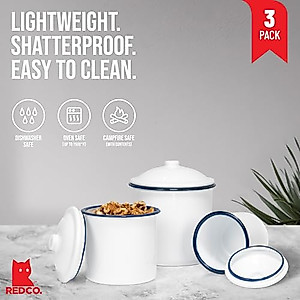 Red Co. White Enamelware Mug Pots with Blue Rim & Lid - Set of 3 Nesting Cups, Perfect for Picnic, Camping, Outdoor Activity