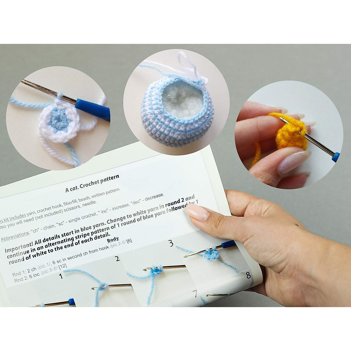 Crochet Stuffed Animal CAT DIY Kit, Beginner Craft kit for Teens and Adults, All Materials Included, Detailed Instructions with 45 Pictures, Hypoallergenic Yarn