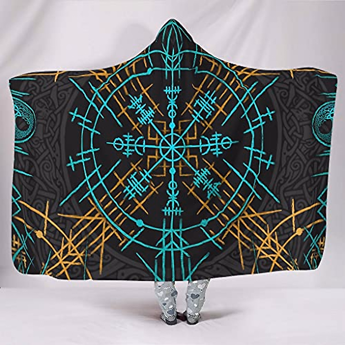 Viking Odin Runes Hooded Blanket Super Warm and Cozy Sherpa Throw Blanket Plush Fleece Blanket Wearable Blanket Hoodie Blanket for Kids and Adults White 60x80 inch