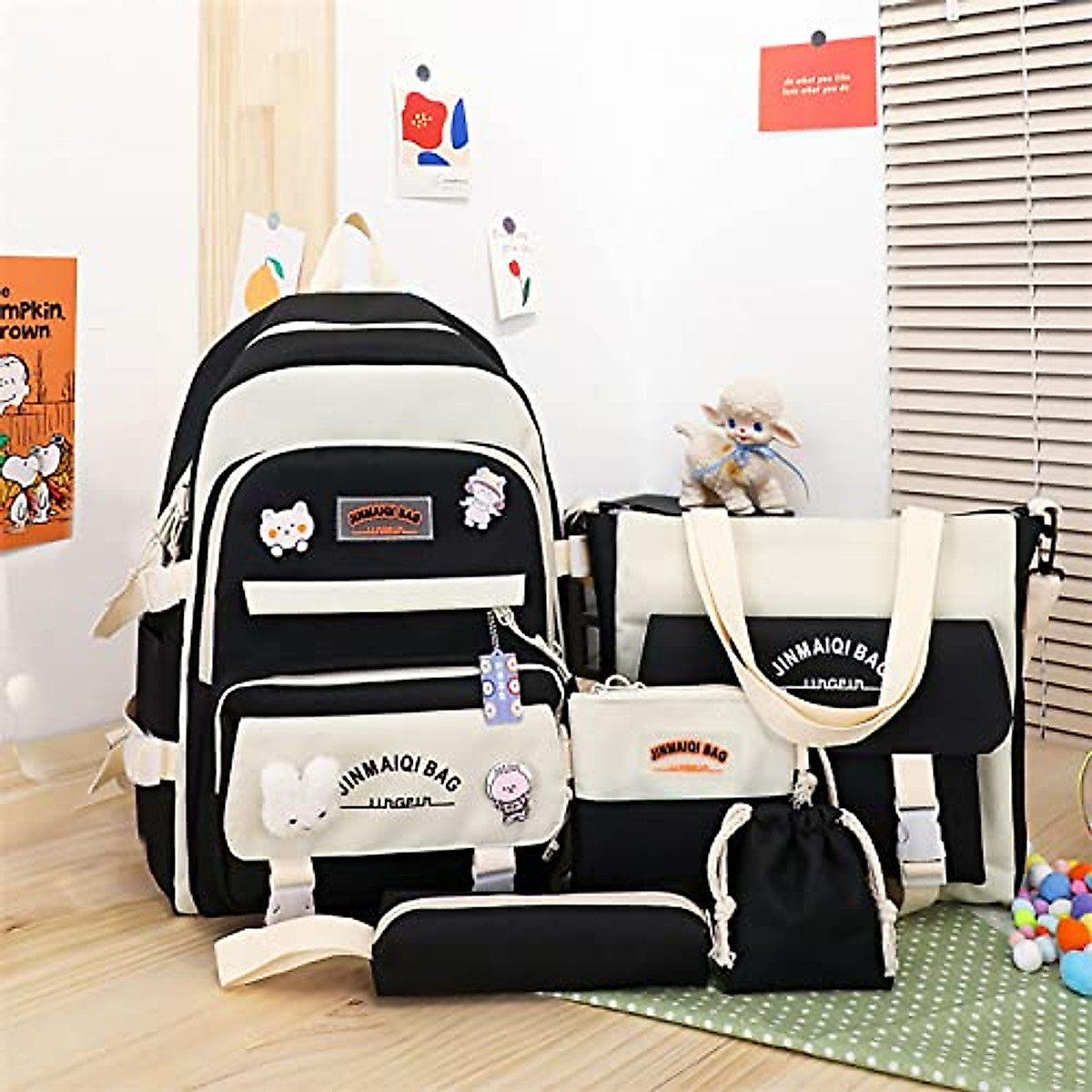 YGYCF Kawaii Backpack 5Pcs Set for Student with Cute Bear Accessories - School Bags for Teen Girls Back to School Supplies Essentials Aesthetic Bookbag, B Black