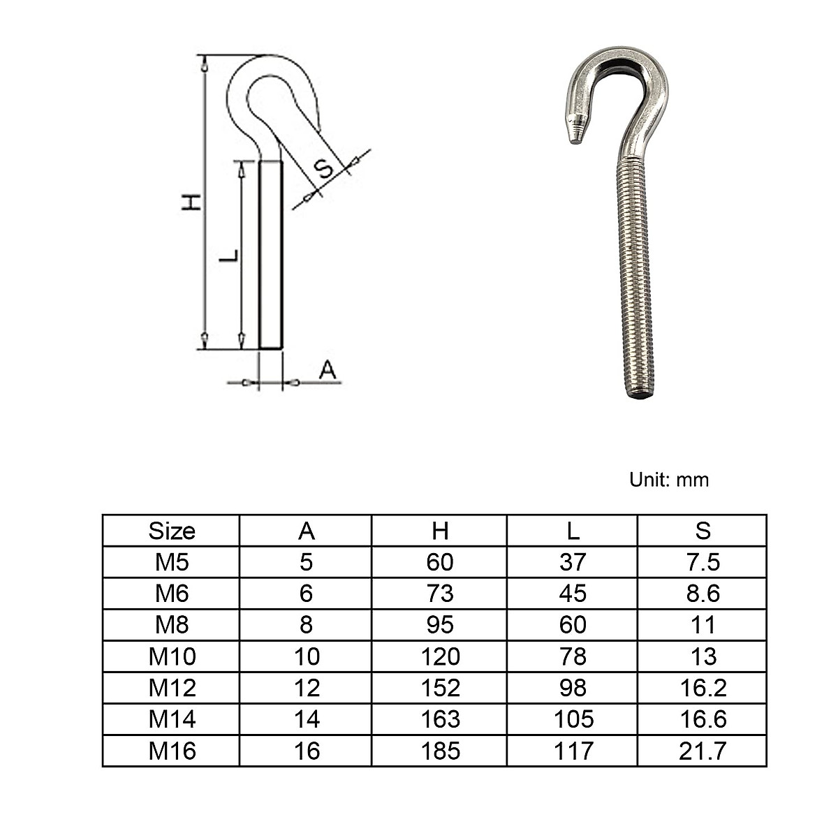 16Pcs M5 Stainless Steel Eye Bolt with Nut and Washers Long Shank Threaded Rod Round Hook Eyelet Bolt Screw