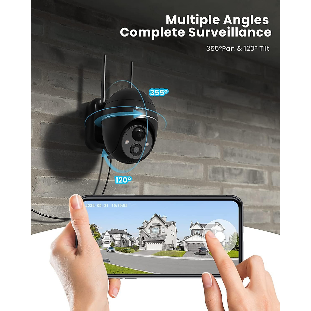 ieGeek Security Cameras Wireless Outdoor, 2K Solar Security Camera System 360° PTZ with Spotlight & Siren, 2.4Ghz Outdoor Security Cameras,Color Night Vision, Work with Alexa, PIR, 2-Way Talk, IP65