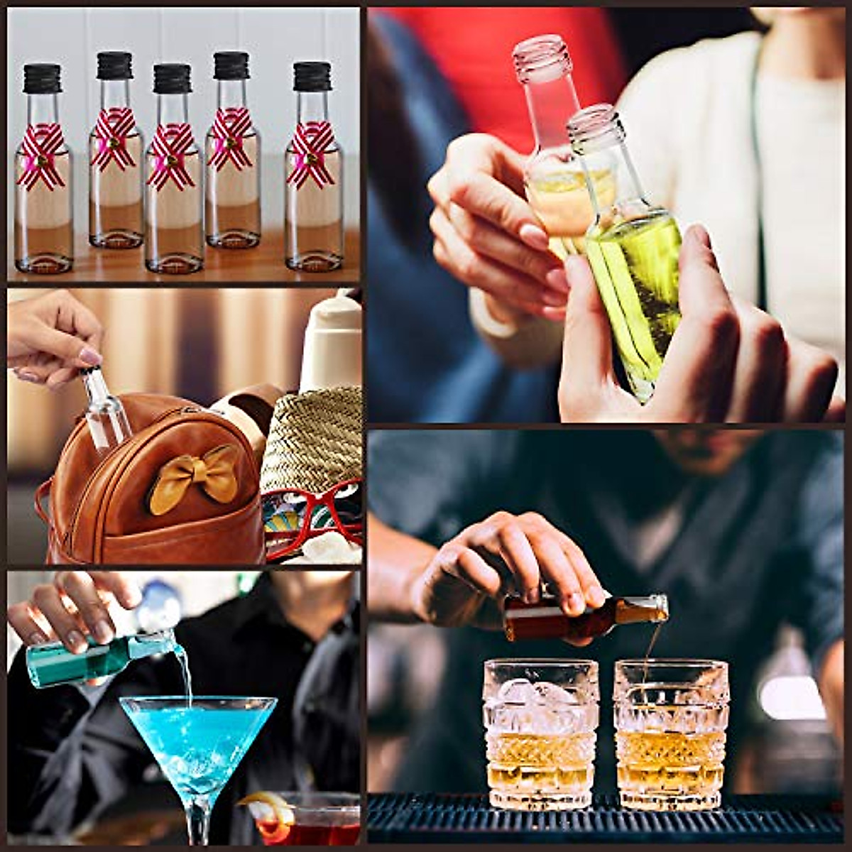 Belle Vous Mini Liquor Bottles (24 Pack) - Reusable Plastic 50ml (1.7 fl oz) Empty Spirit Bottle with Black Screw Cap, Liquid Funnel for Easy Pouring, Filling - Miniature Bottles for Weddings, Parties