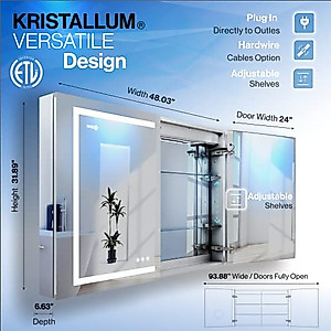 KRISTALLUM Bathroom Mirror Cabinet - 48x32 Surface or Recessed LED Medicine Cabinet with Lights w/Wireless Switch + Anti Fog/Waterproof/Dimmable/ 3 Colors Warm/Natural/White CRI >90, ETL Certified