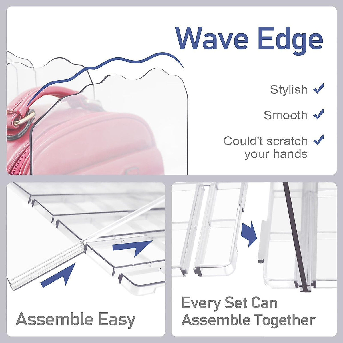 MAYSONG Adjustable Purse Organizer for Closet - Clear Acrylic Handbag Separators, Closets Divider for Clothes Purses Handbag (2 Base Boards 8 Shelf Dividers)