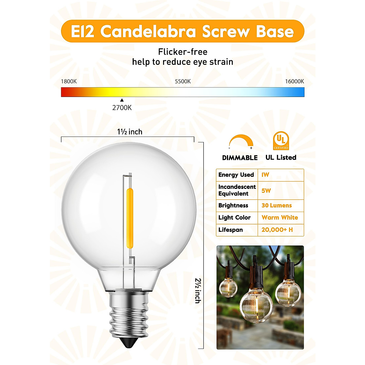 Outdoor String Lights 25 Feet G40 Globe Patio Lights with 27 Edison Glass Bulbs(2 Spare), Waterproof Connectable Hanging Light for Backyard Porch Balcony Party Decor, E12 Socket Base,Black