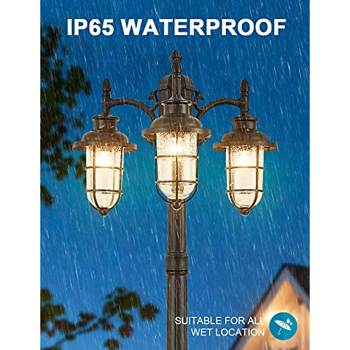 CMRCOZIRA Triple-Head Street Light with Outlet, Nautical Style Outdoor Post Light, IP65 Outdoor Lamp Post Lights with Clear Seeded Glass, Outdoor Street Light Matte Black for Street, Garden, Driveway