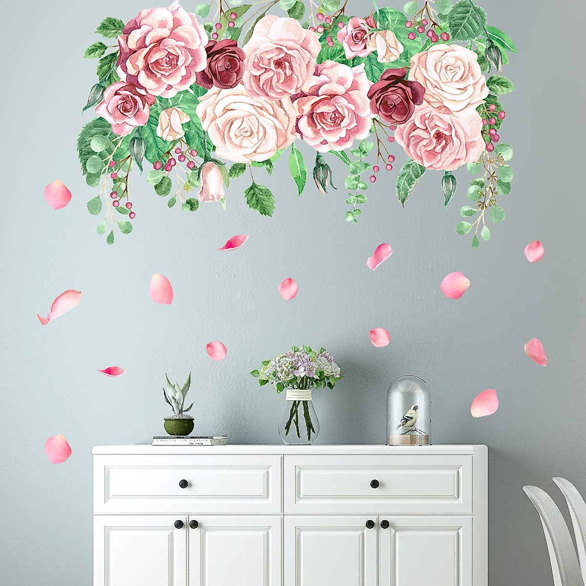 Peony Flowers Wall Decals Rose Flower Green Leaves Stickers DIY 3D Removable Floral Rose Skirting Wall Art Murals for Kids Baby Girls Bedroom Living Room Nursery Kitchen Office Room Decoration (Pink)