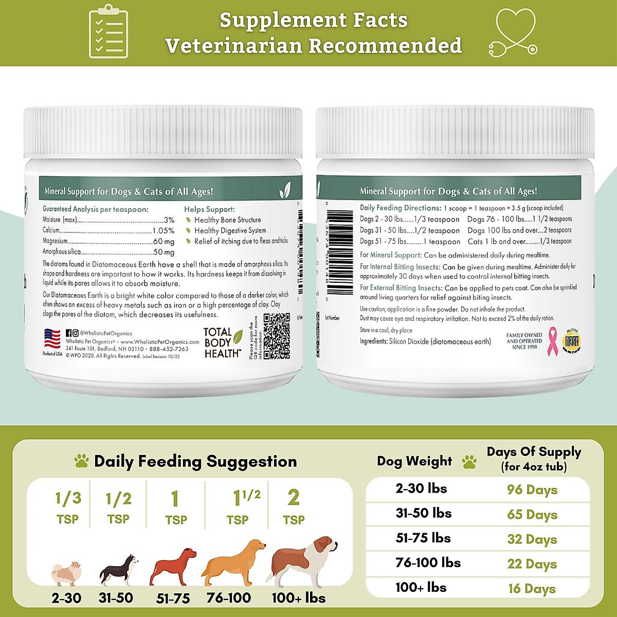 Wholistic Pet Organics DE for Dogs Organic Food Grade for Dogs - 4 Oz - Safe Non-Chemical Freshwater Silica Improves Overall Health