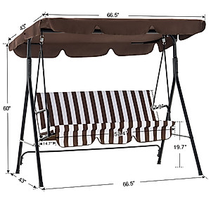 MCombo 2-3 Person Patio Swings with Canopy, Outdoor Porch Swing Chair with Steel Stand, Removable Cushions, for Backyard Garden Balcony 4008 (Brown with White Stripes)
