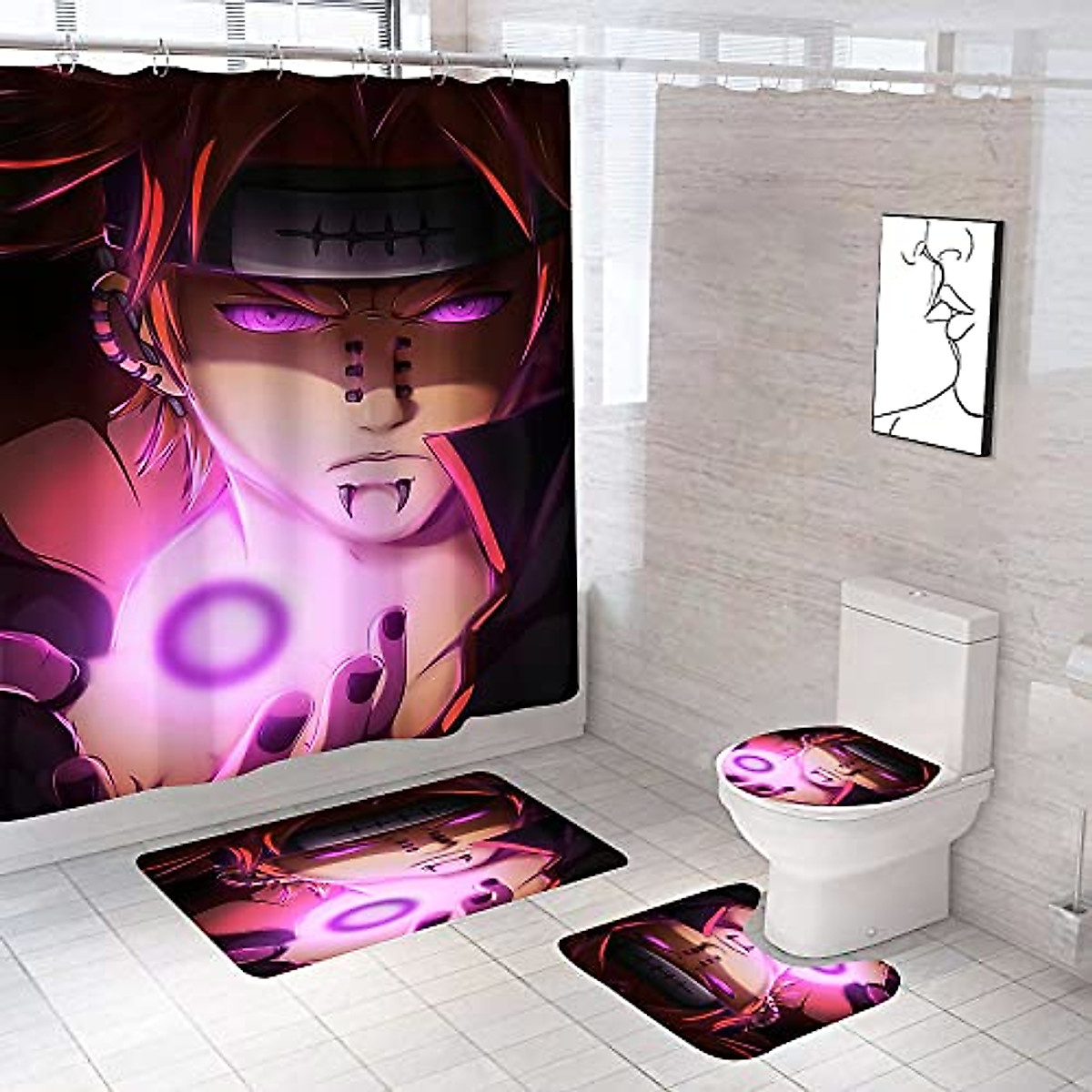 4 Piece Anime Shower Curtain Sets with Non-Slip Rugs, Toilet Lid Cover, Bath Mat and 12 Hooks, Bathroom Decor Set Accessories Waterproof Shower Curtains