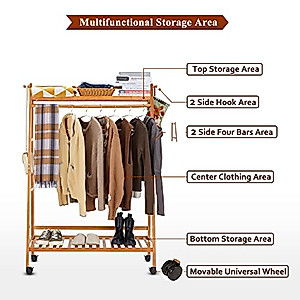 Azaeahom Bamboo Clothing Rack, Garment Coat Clothes Hanging Movable Duty Rack, 5-in-1 Shoe Hat Storage Organizer Shelves for Bedroom, Entrance, Home