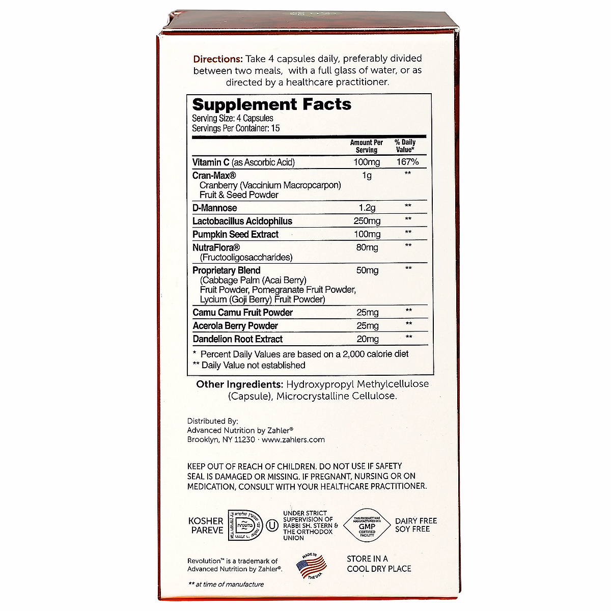 Zahler UTI Revolution, Urinary Tract and Bladder Health, All Natural Cranberry Concentrate Pills Fortified with D-Mannose and Probiotics, Certified Kosher, 60 Caps