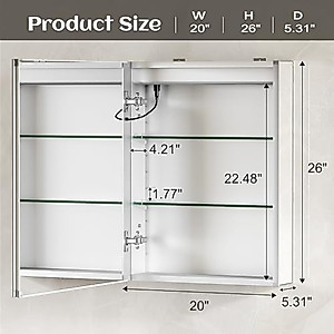 ROOMTEC LED Lighted Medicine Cabinet with Mirror 20"*26",Bathroom Mirror Cabinet with Lights, Outlet and USB, Recessed or Wall Mounted, Adjustable Shelf, 3-Color, Dimmer, Anti-Fog