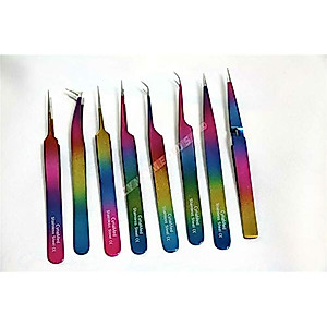 Cynamed-Set of 8 Piece German Stainless Steel Titanium Color Eyelash ExtensionTweezers