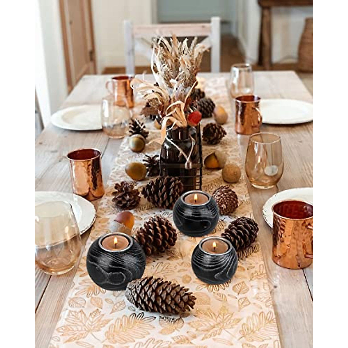 Vixdonos Wood Rustic Tea Light Candle Holder Set of 3 Black Round Votive Candle Holders with Elegant Carved Tree Texture