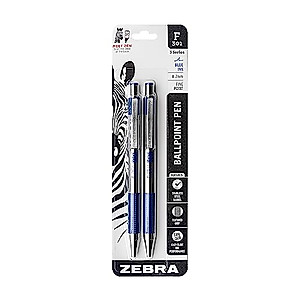Zebra Pen F-301 Retractable Ballpoint Pen, Stainless Steel Barrel, Fine Point, 0.7mm, Blue Ink, 2-Pack