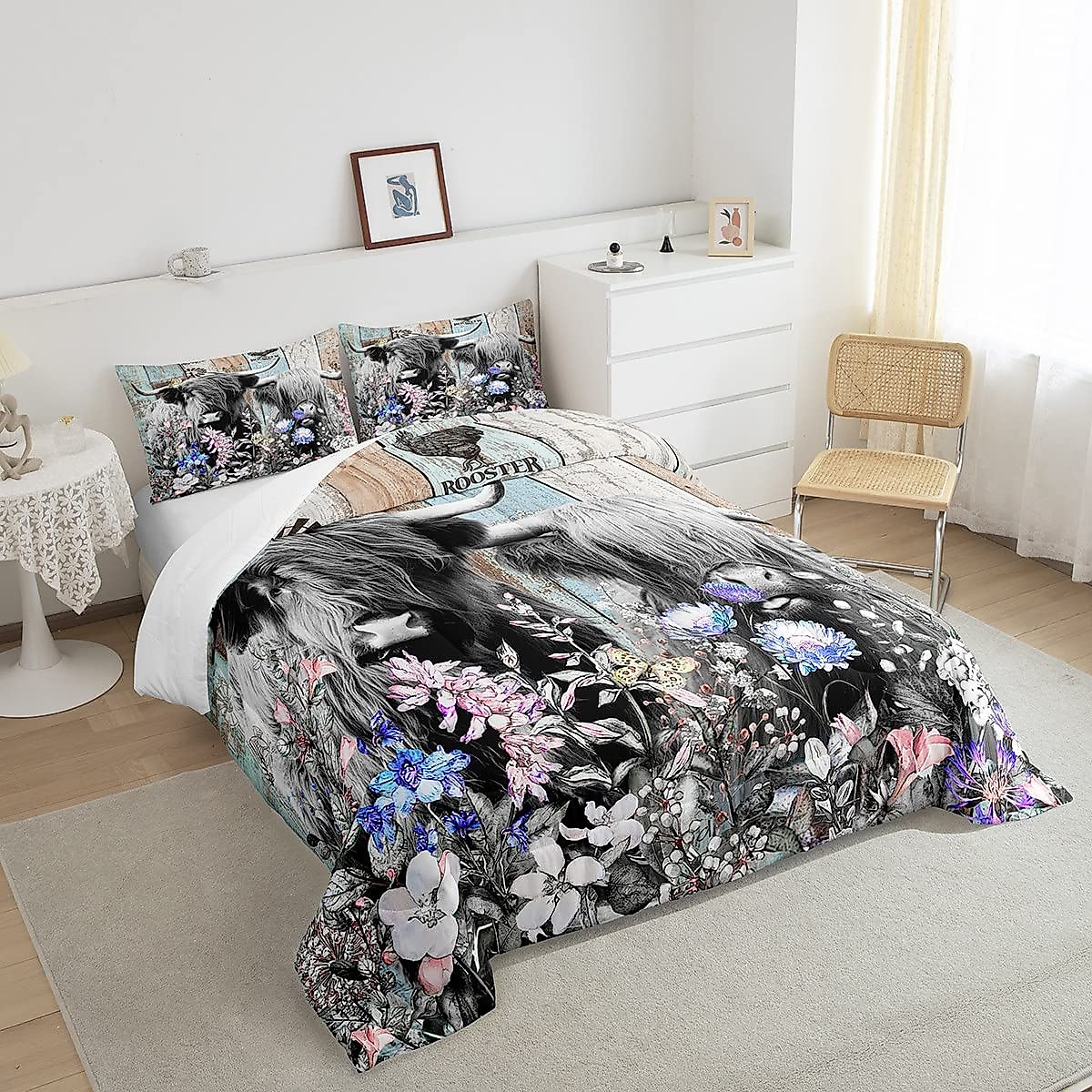 Highland Cattle Full Size Comforter Set,Farmhouse Cow Wild Animals Flowers Bedding Comforters Bedroom Collection,Rustic Country Wooden Board Bedding Set for Girls Teens