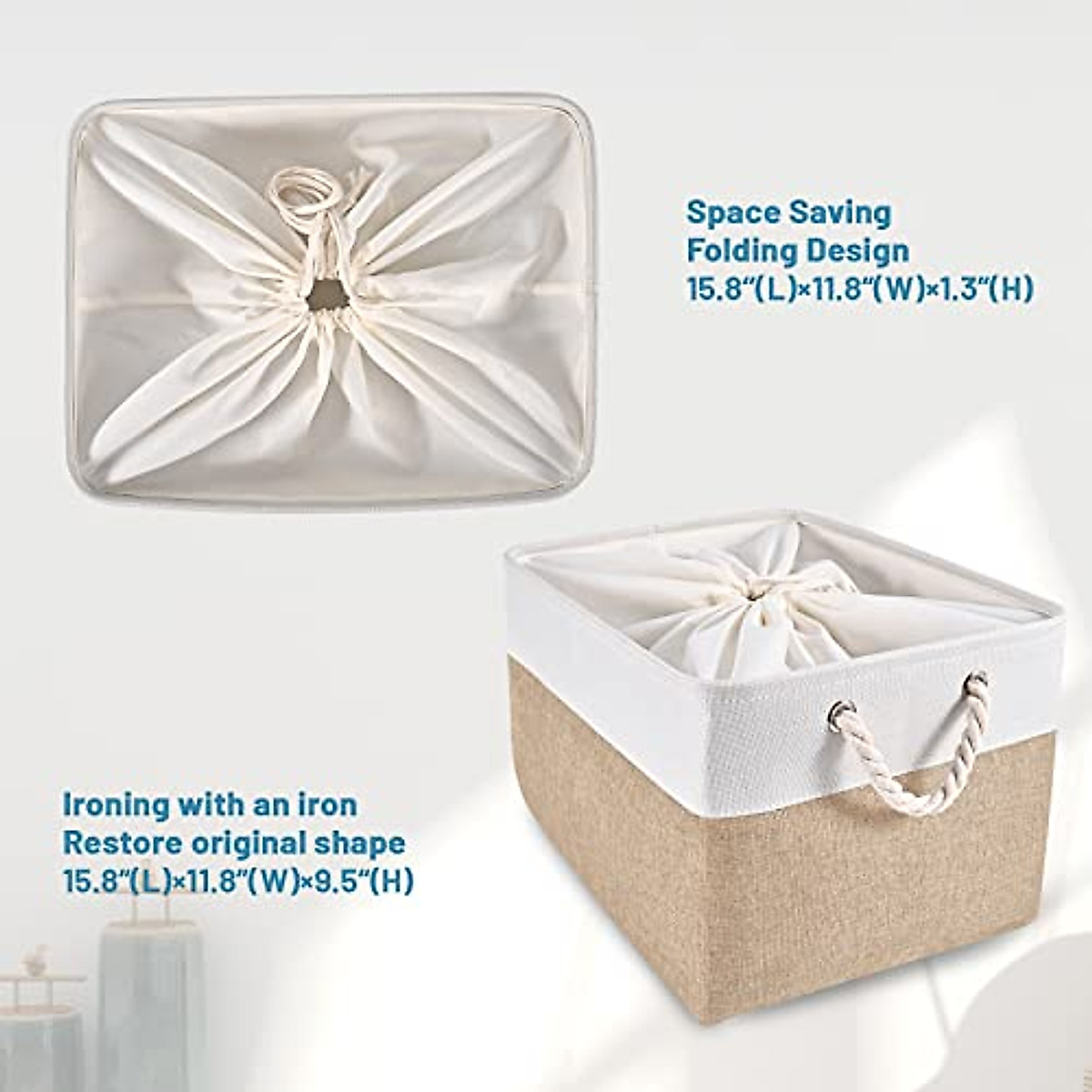 HOdo Home Foldable Storage Bin with Drawstring Closure and 2 Bold Handles, Collapsible Large Canvas Storage Baskets for Organizing Shelf Nursery Home Closet (White&Yellow, 15.8L×11.8W×9.5H - 3Pack)