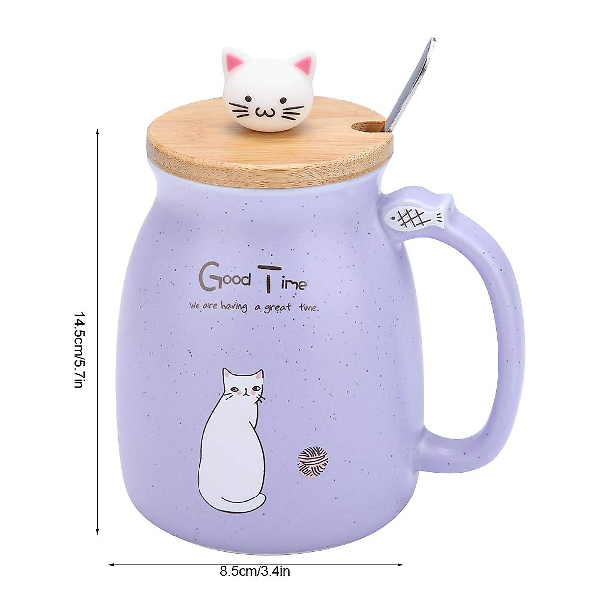 Fdit Lovely Cat Ceramic Cup with Spoon and Lid Coffee Water Milk Mug for Drinkware (Purple)
