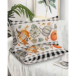 Thanksgiving Pillow Covers Standard Size Set of 2 Bed Pillow, Black White Plaid Pumpkin Fallen Leaves Farmhouse Plush Soft Comfort for Hair/ Skin Cooling Pillowcases with Envelop Closure 20''x26''
