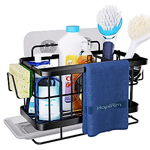 HapiRm Kitchen Sink Caddy with Adjustable Partitions, SUS304 Stainless Steel Kitchen Sponge Holder with Drain Tray, Wall Mounted and Countertop Dual-Use Kitchen Sink Organizer for Kitchen-Black