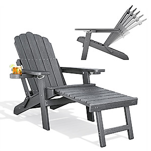 Qsun Adjustable Backrest Folding Adirondack Chair with Ottoman & 2 Cup Holders, HIPS Weather Resistant Adirondack Chair, Outdoor Fire Pit Chair for Beach, Pool, Deck, Porch, Yard, Lawn, Grey