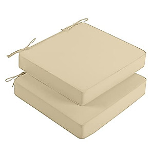downluxe Outdoor Chair Cushions for Patio Furniture, Waterproof Square Corner Memory Foam Patio Chair Cushion with Adjustable Ties and Portable Handle, 19" x 19" x 3", Khaki, 2 Pack
