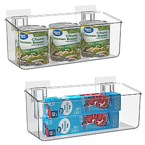 vacane 2 Pack Plastic Adhesive Mount Over Cabinet Door Organizer, Wall Organization Container Makeup Organizer Hanging Basket Bins for Kitchen, Pantry, Craft Room, Office, Space Saving Holder
