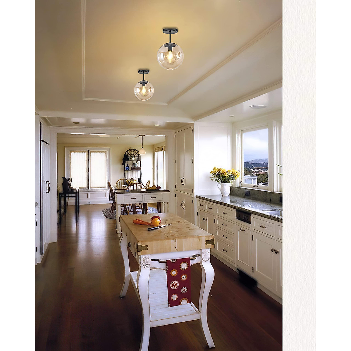 Mid Century Modern Globe Semi Flush Mount Ceiling Light Fixture, Clear Glass with Finish, Black 1-Light Sphere Glass Pendant Lights for Aisle Porch Stairway Closet Kitchen Laundry Room(Bulb Incl.)