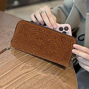 GUZUHUKU Vintage Embossed Zipper Wallet, Womens Wallets Large Capacity Detachable Wrist Strap Clutch Purses Perfect for Travel and Dating