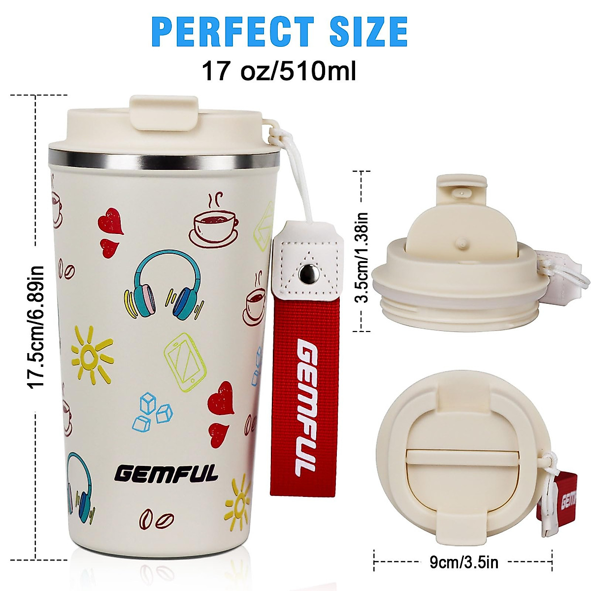 GEMFUL Spill Proof Leak Proof Coffee Travel Mug 17oz Stainless Steel Vacuum Insulated Tumbler with Secure Lid Reusable Hot Cold Portable Cup for Commute Office Car