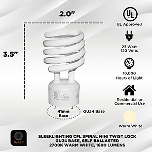 SLEEKLIGHTING - GU24 23Watt 2700K 1600lm 2 Prong Light Bulbs- UL approved-120v 60Hz - Mini Twist Lock Spiral -Self Ballasted CFL Fluorescent Bulbs- 1600lm Warm White 4 Pack (100 Watt Equ)
