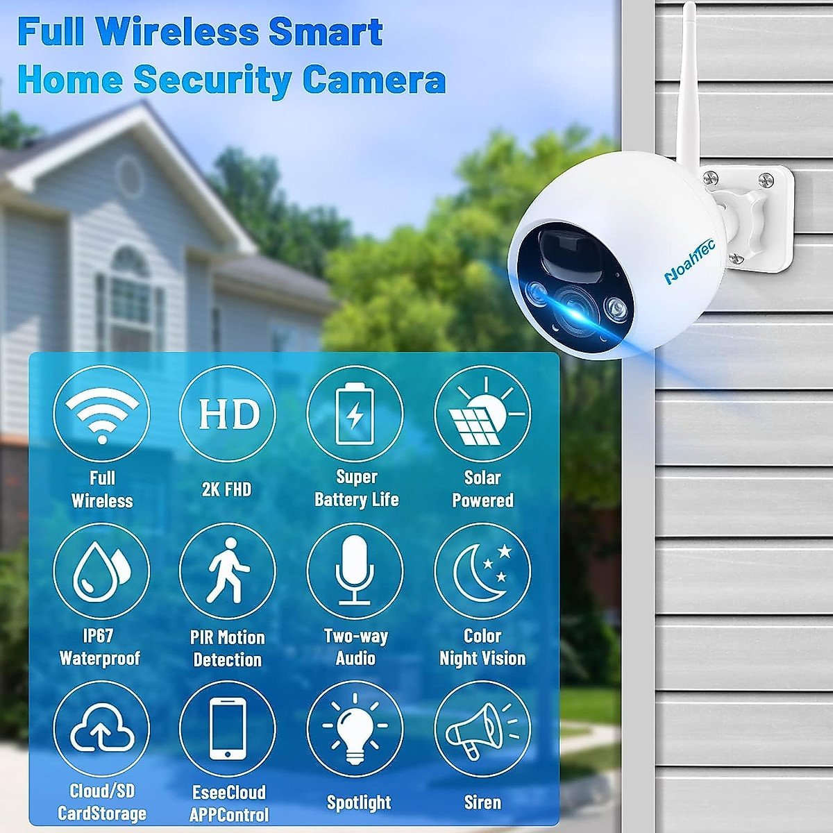 NoahTec Solar Security Cameras Wireless Outdoor, 2K HD Battery Solar Powered Cameras for Home Security Outside AI Motion Detection Siren, Spotlight Night Vision Two Way Talk (2.4GHz WiFi)
