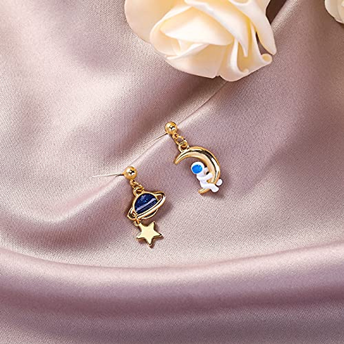 Astronaut Stud Earrings, 4 Pairs Creative Asymmetric Spaceman Star Moon Stud Earrings Planet Dangle Cloud Rain Drop Earrings for Girls Kids Women