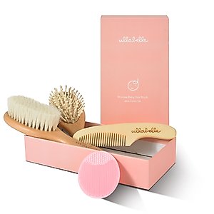Ullabelle 4 Piece Wooden Baby Hair Brush and Comb Set for Newborns & Toddlers in Chic Gift Box - Ultra Soft Natural Goat Hair and Wood Baby Brush Set Prevents Cradle Cap - Perfect Registry Gift (Pink)