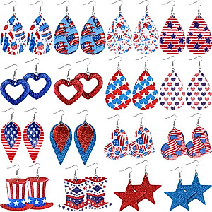 16 Pairs Independence Day American Flags Patriotic Faux Leather Earrings Dangle Petal Lightweight 4th of July Teardrop Leaf Drop Earrings for Women Gifts