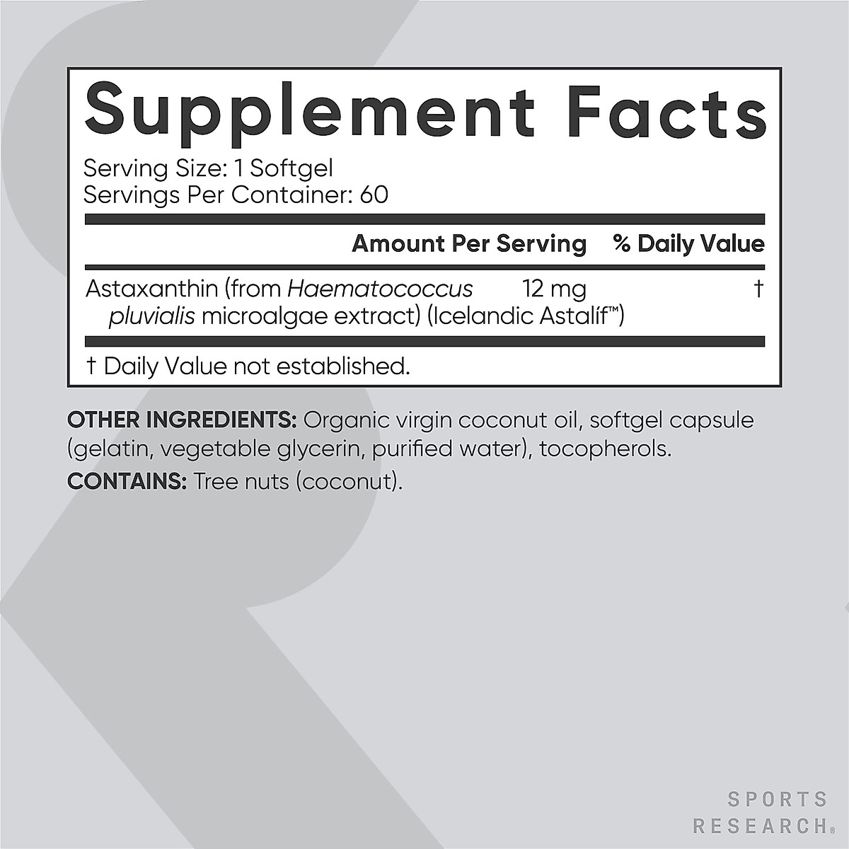 Sports Research Triple Strength Astaxanthin 12mg with Organic Coconut Oil - Antioxidant Supplement, Non-GMO Verified & Gluten Free - 60 Softgels