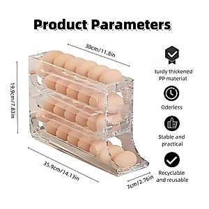 Lshnrd 4 Tiers Egg Holder for Fridge,Auto Rolling Egg Fridge Organizer,Space-Saving Egg Dispenser Holder for Refrigerator,Large Capacity Egg Storage Rack(Transparent)