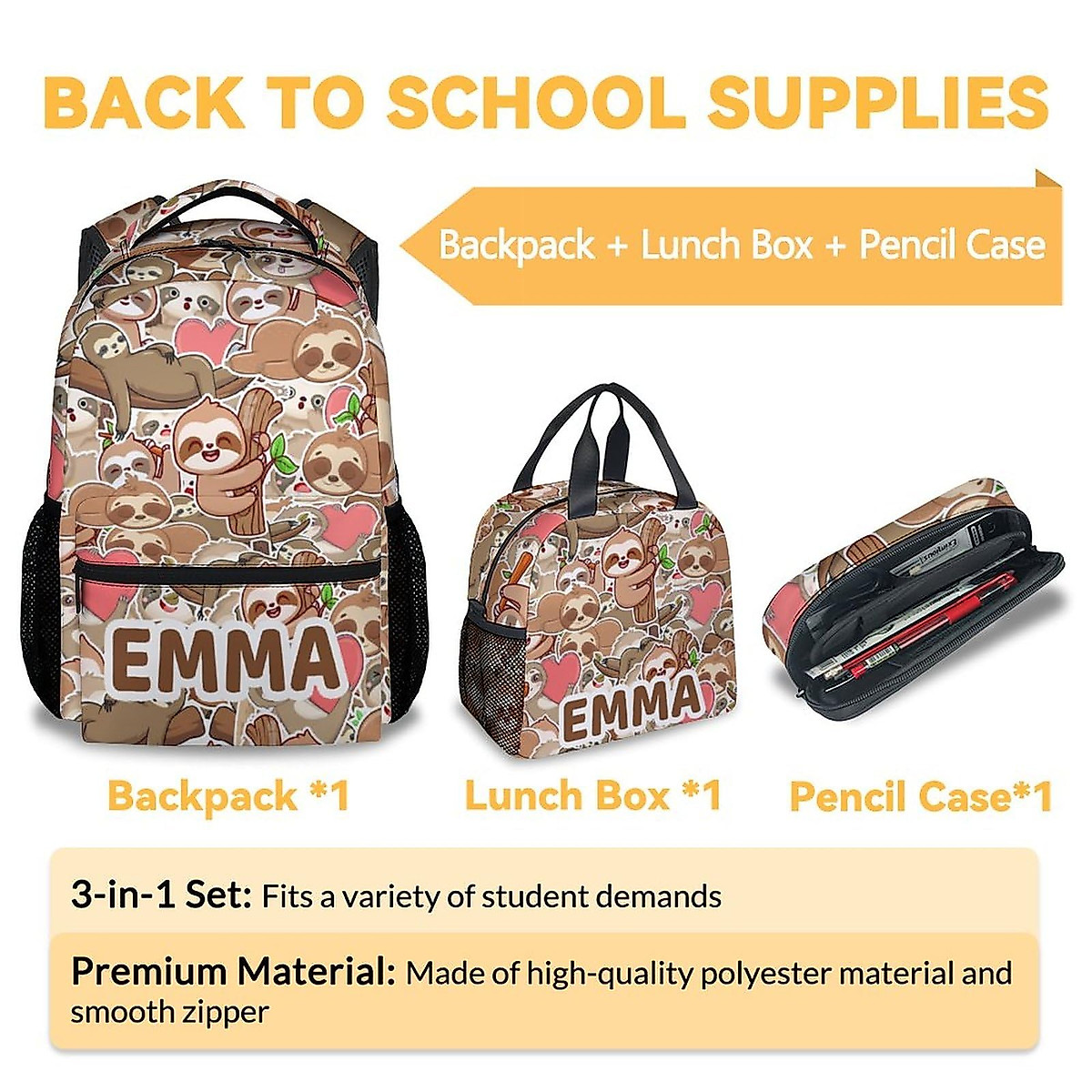 Mercuryelf Personalized Sloth Girls Boys Backpack with Lunch Box Set, 3 in 1 School Travel Backpacks Matching Combo, Cute Brown Bookbag and Pencil Case Bundle