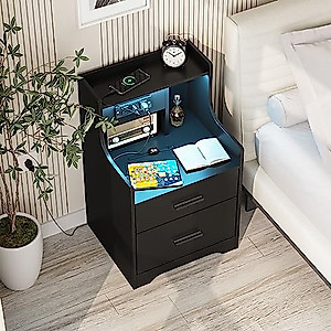 Vabches Nightstand with Charging Station & LED Lights, Black Nightstand with 2 Drawers and Open Storage, Bed Side Table Night Stand for Kids Bedroom Living Room,Small Bedside Table for Toddlers