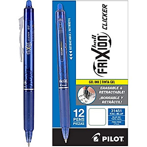 PILOT Pen 31451 FriXion Clicker Erasable, Refillable & Retractable Gel Ink Pens, Fine Point, Blue Ink, 12-Pack