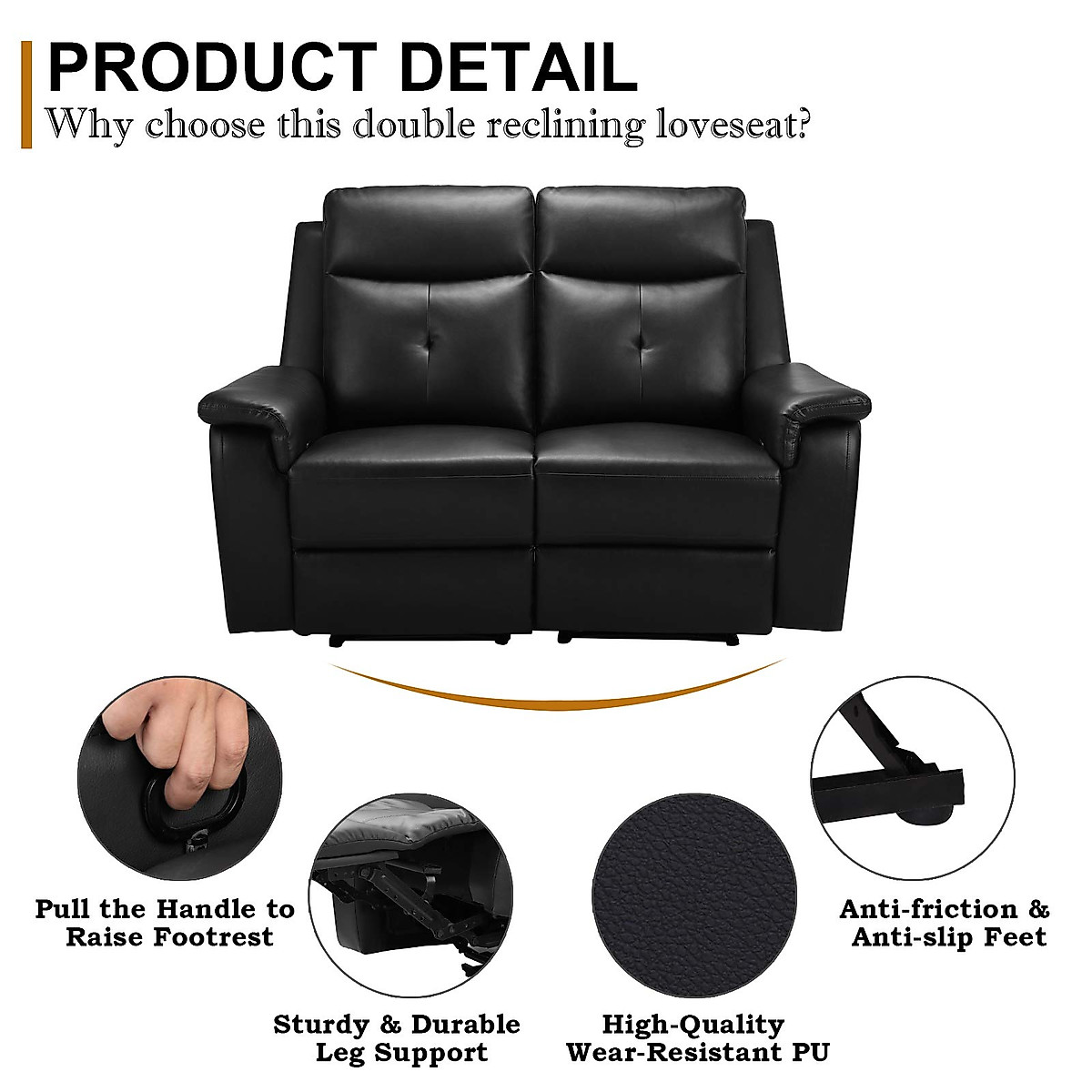 VUYUYU 2 Seater Recliner Sofa - Double Reclining Loveseat with Massage & Heating - PU Leather Home Theater Seating Manual Recliner Motion Living Room Chair (Black)