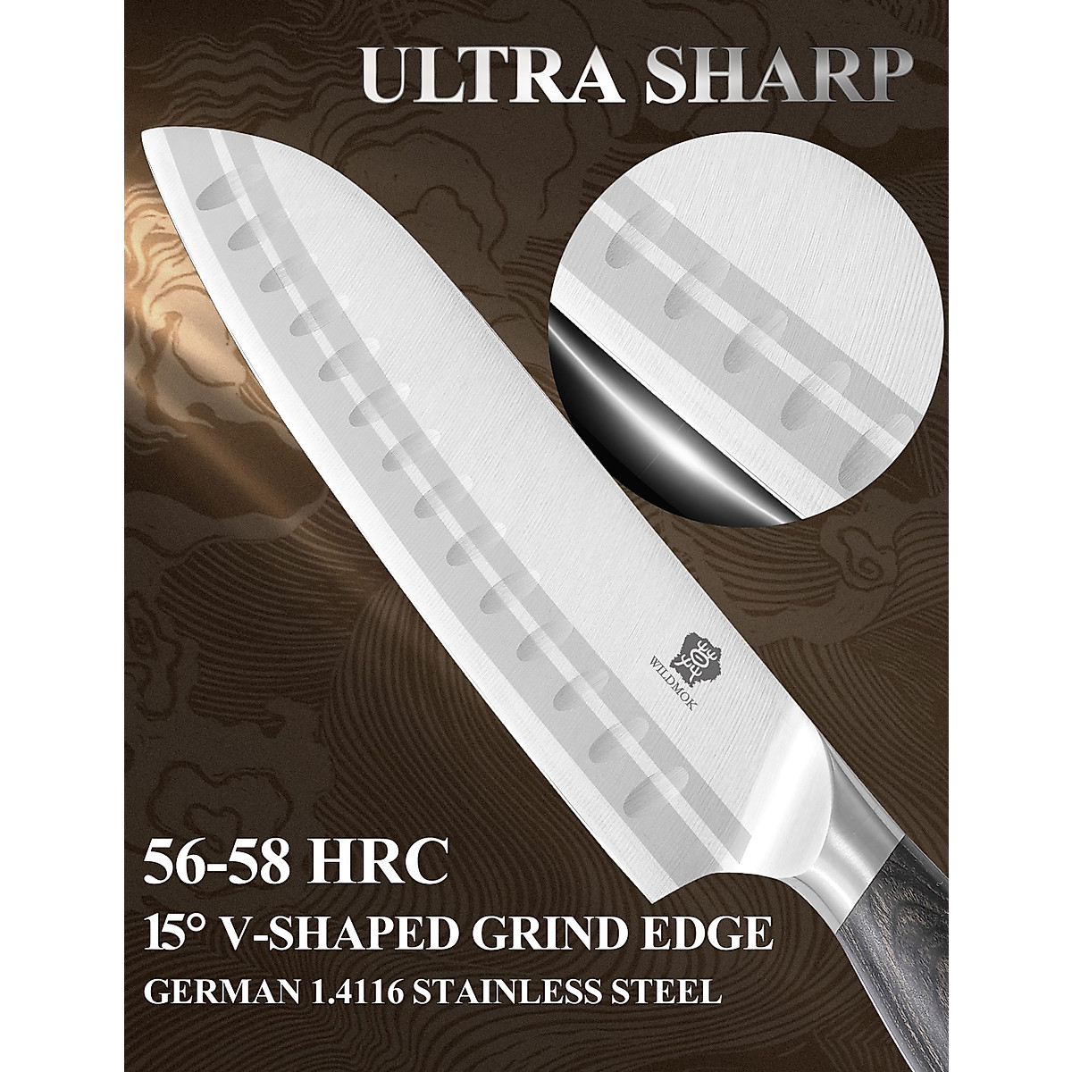 WILDMOK 7 Inch Santoku Knife, Japanese Chef Knife -Ultra Sharp Kitchen Chopping Knife, German Stainless Steel Chef Knife with Pakka Wood Handle, Gift Box